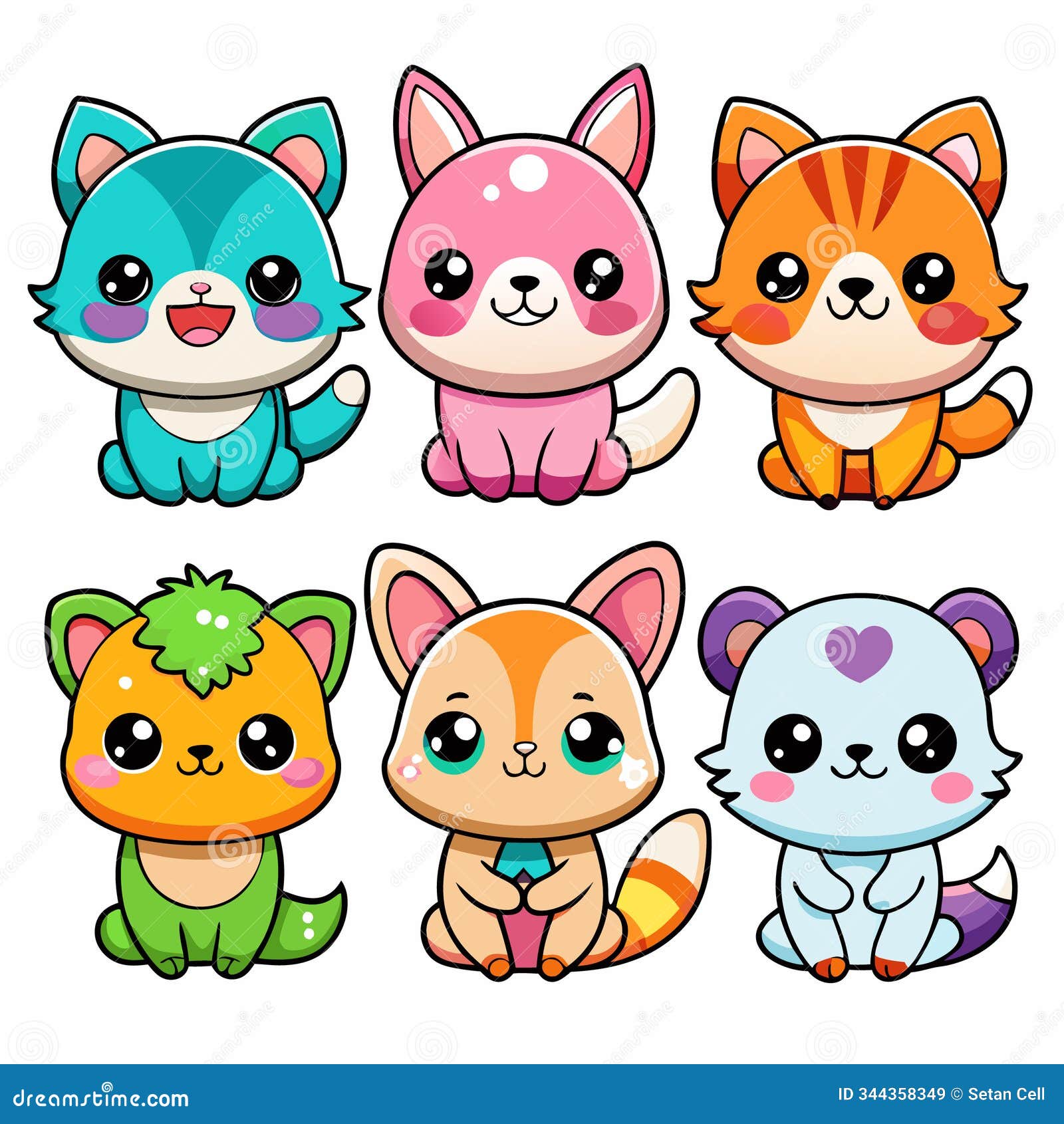 Six Cute Cartoon Animals in Various Colors and Styles Stock Vector ...