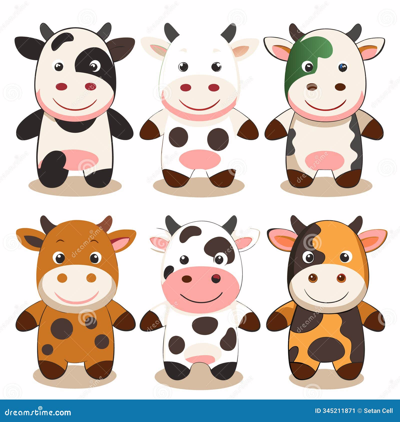 Six Cute Cartoon Cows in Different Colors and Patterns, Isolated on ...