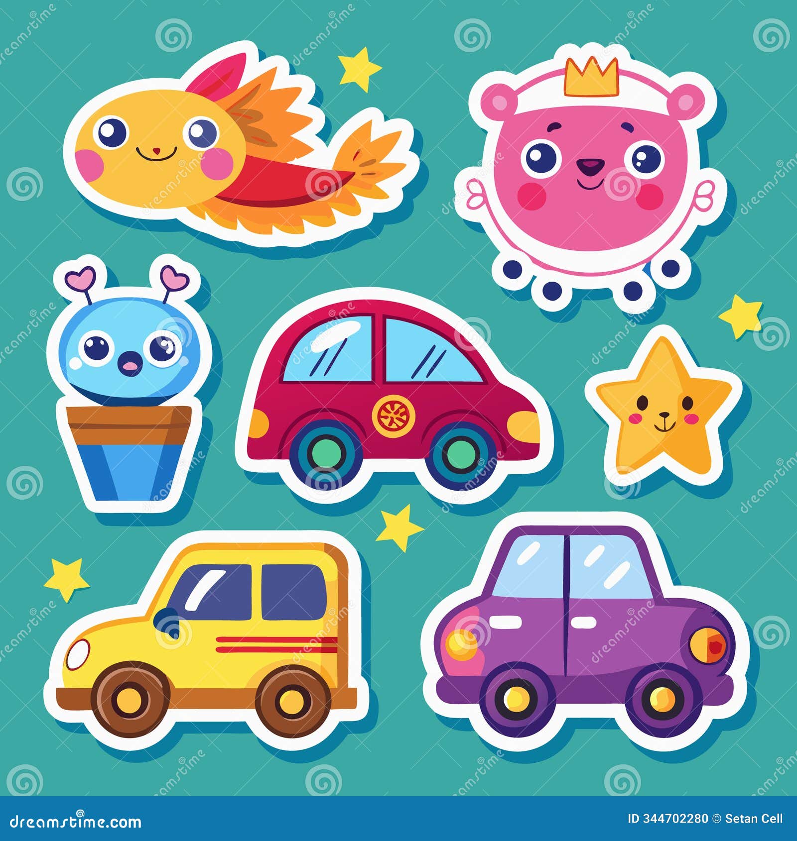 Six Cute Cartoon Stickers with a Blue Background Stock Vector ...