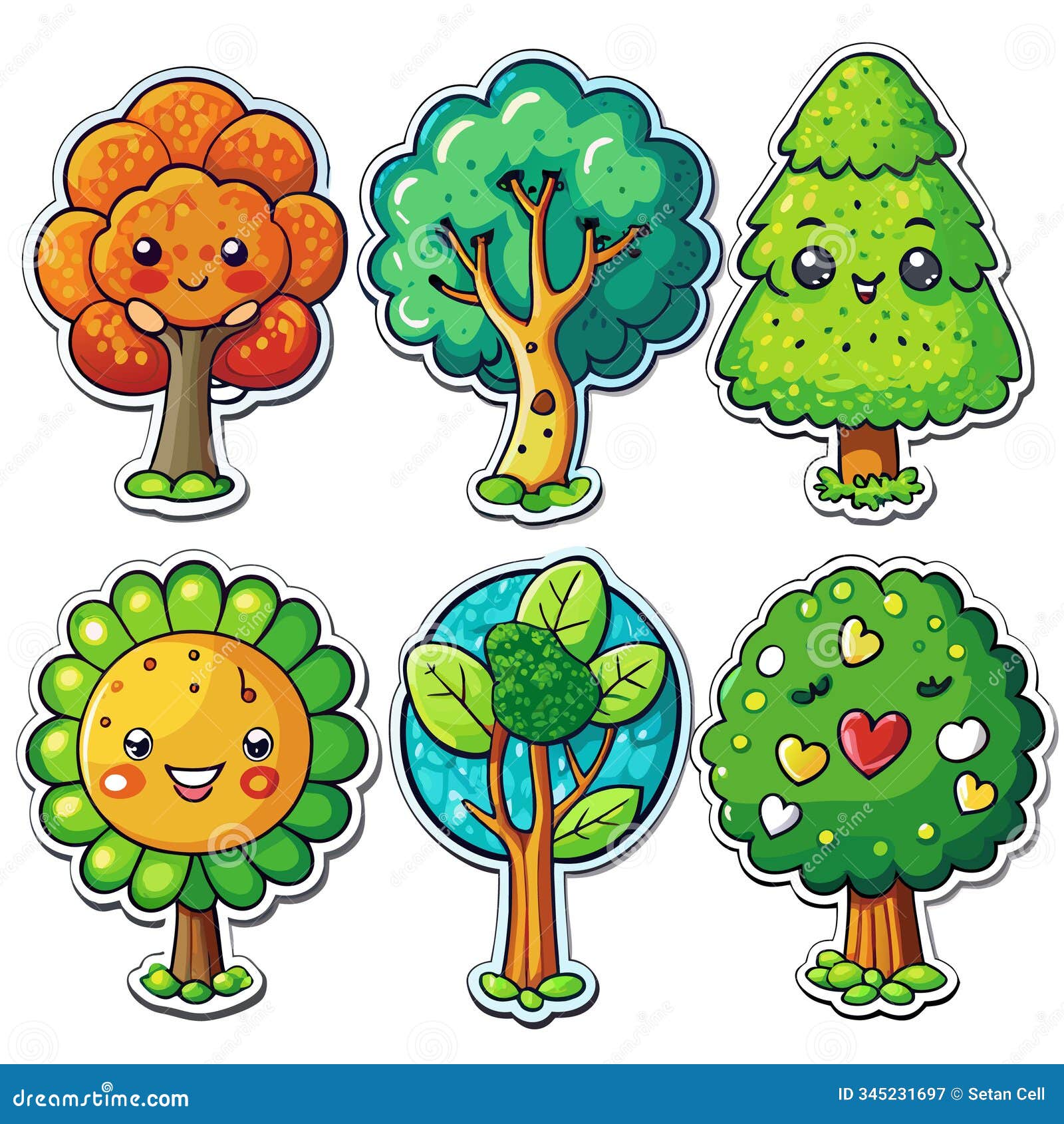 Six Cute Cartoon Trees with Different Styles and Expressions Stock ...
