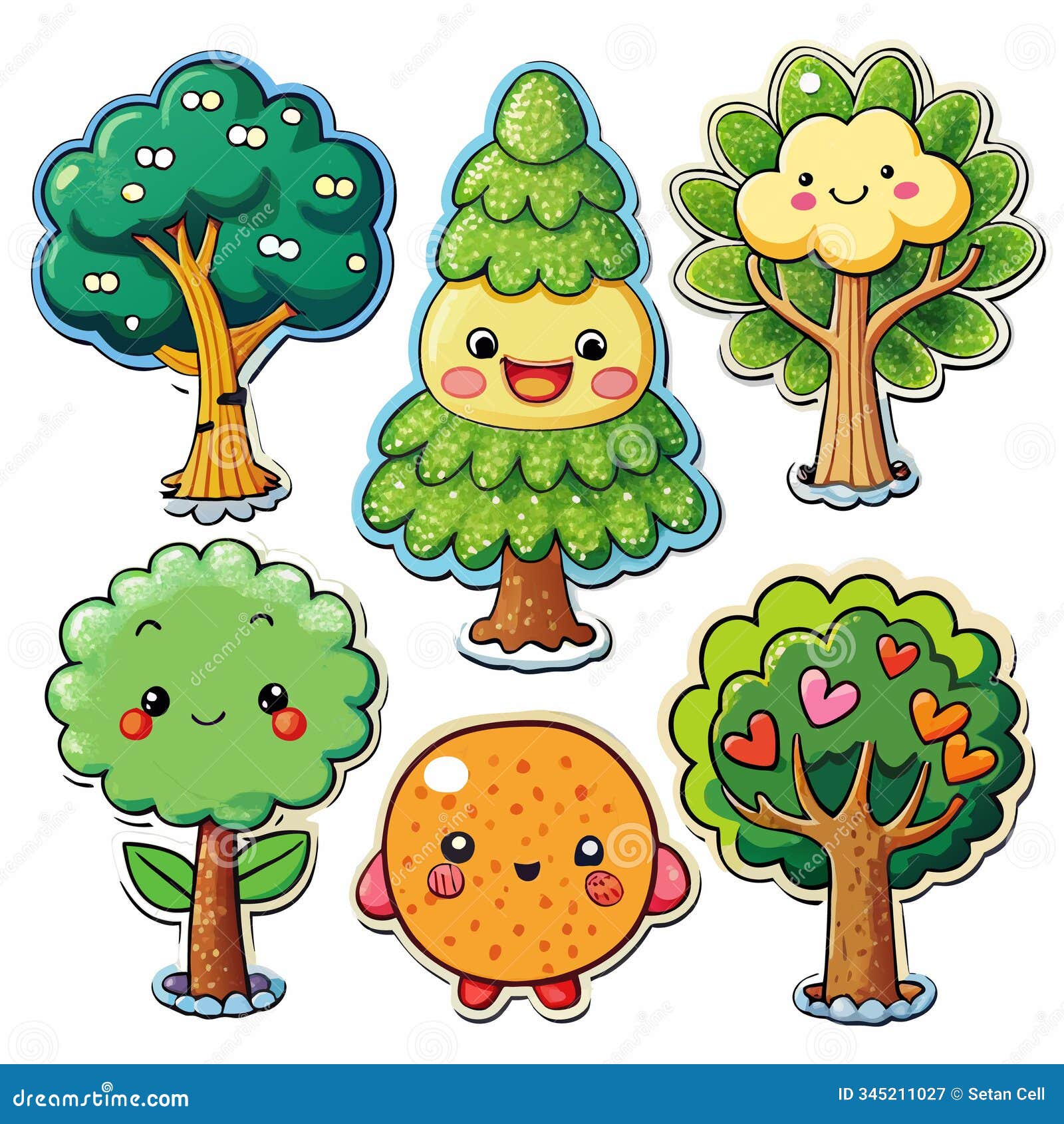 Six Cute Cartoon Trees with Happy Faces and Various Feature Stock ...