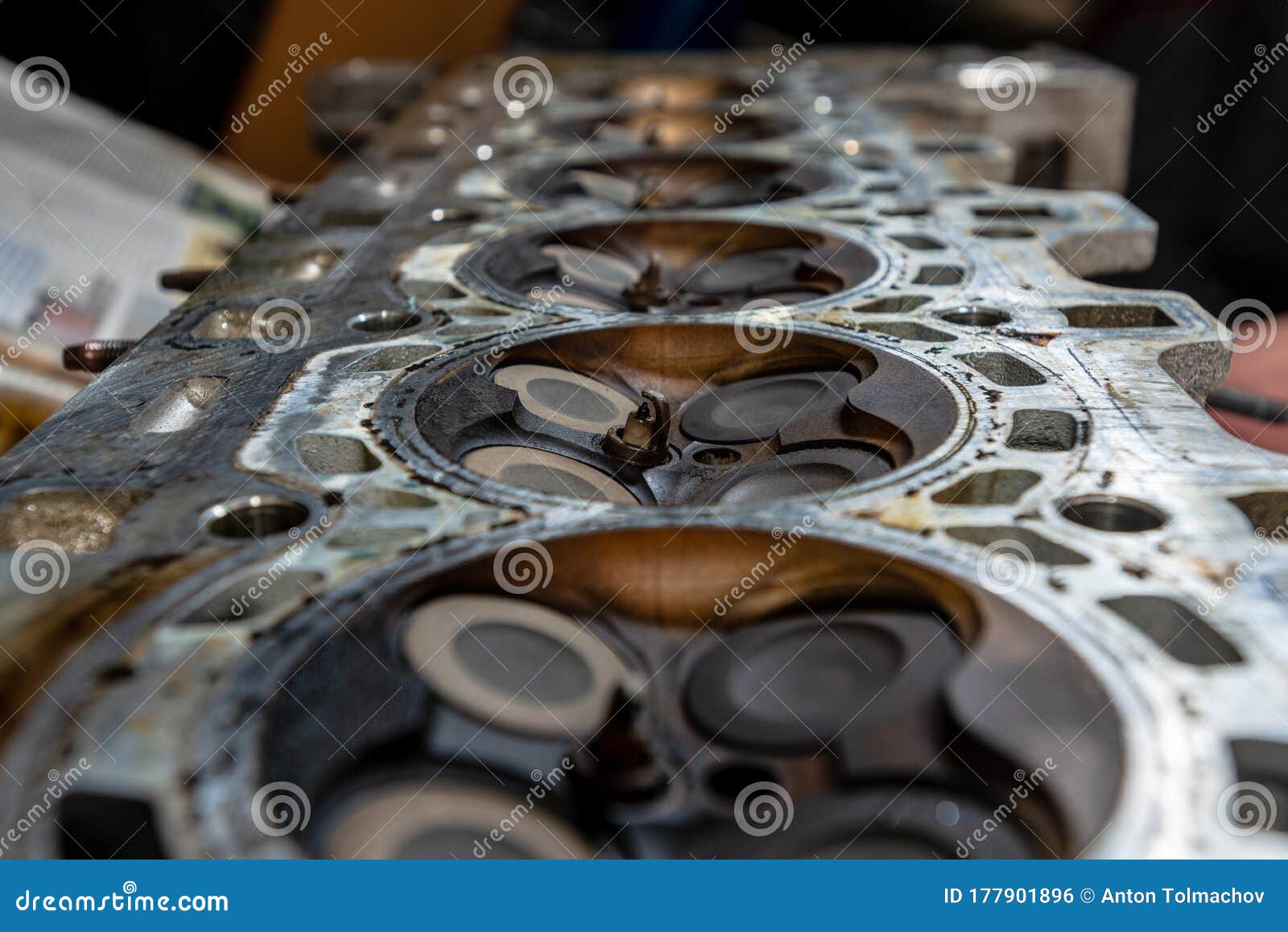 Six Cylinders Head of Engine with Valves Stock Photo - Image of dirty ...