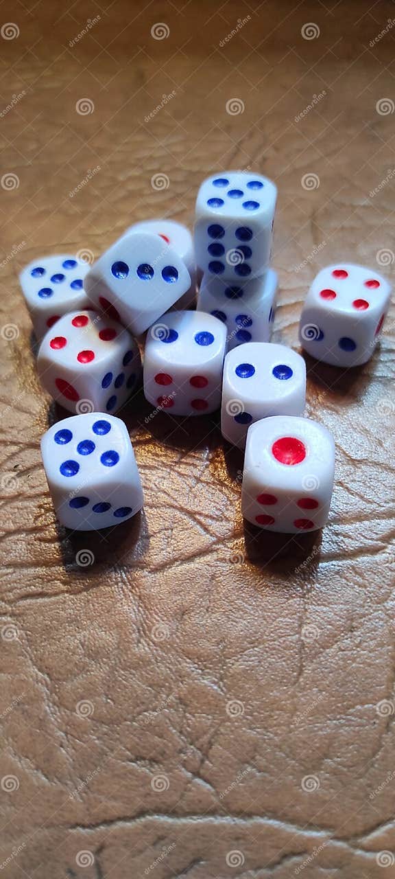 Six Dice (Latin: Datum) Placed on a Patterned Brown Base. Dice are Cube ...