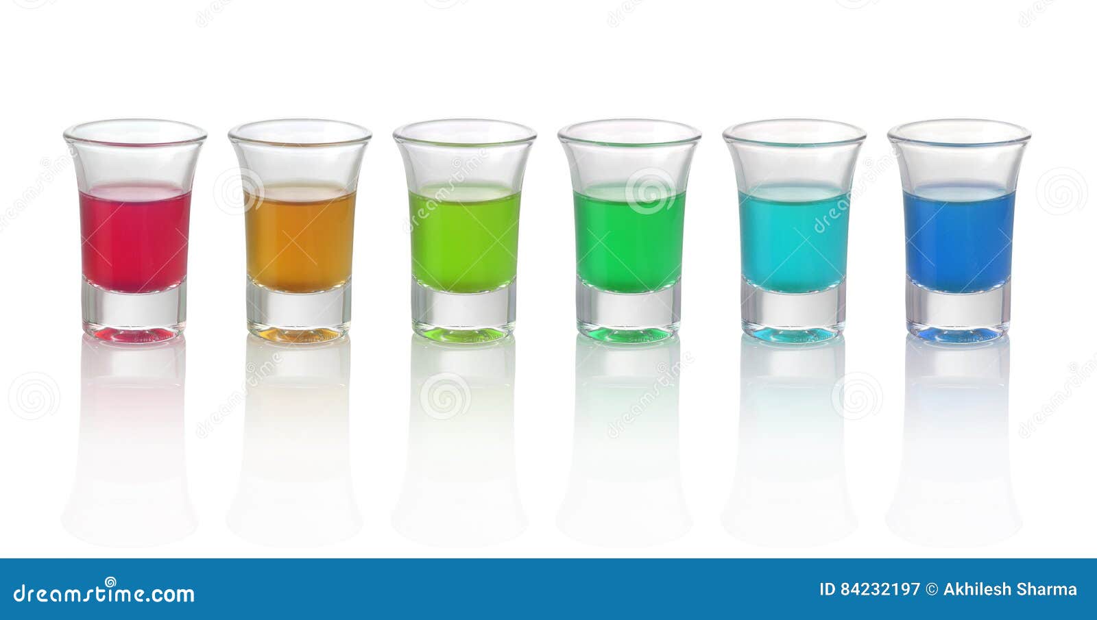 Six Different Color Drinks in Glasses on White Background Stock Image ...