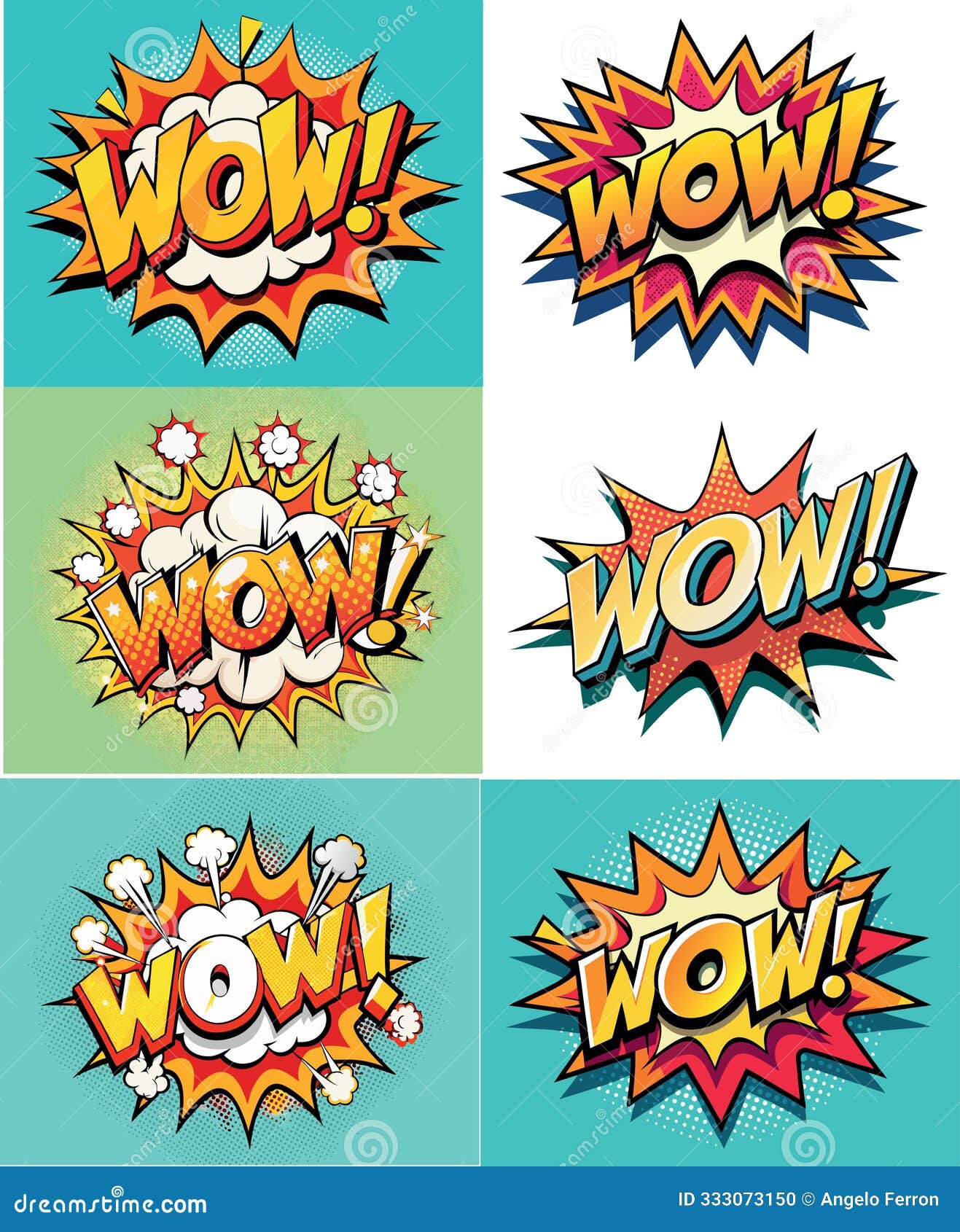 Collection of Six Retro Comic Book Wow Explosion Elements Saying Wow ...