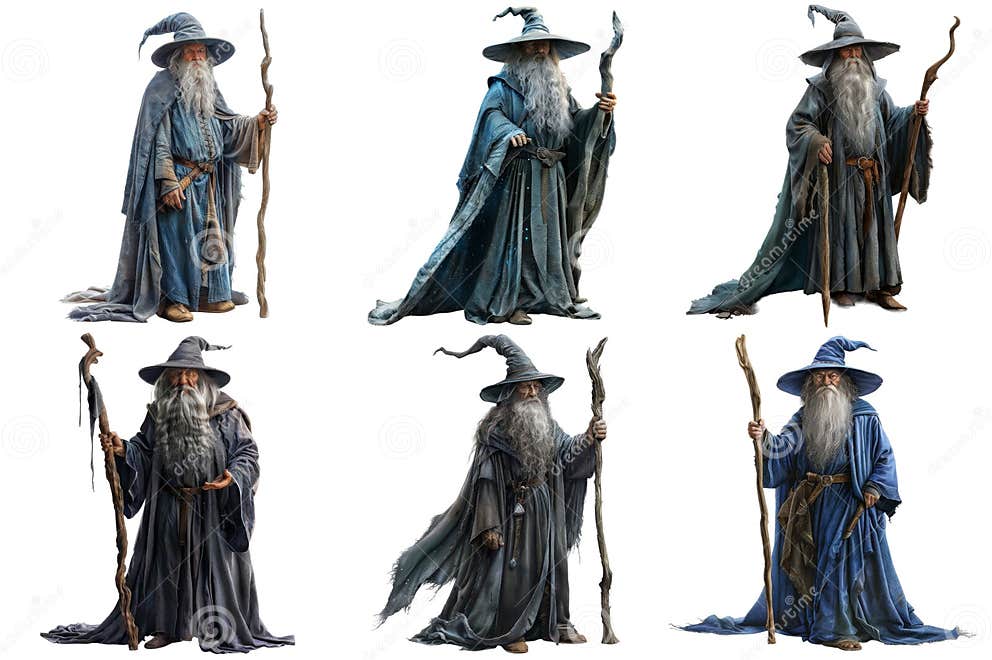 Six Different Poses of a Wizard in a Blue Robe Stock Illustration ...