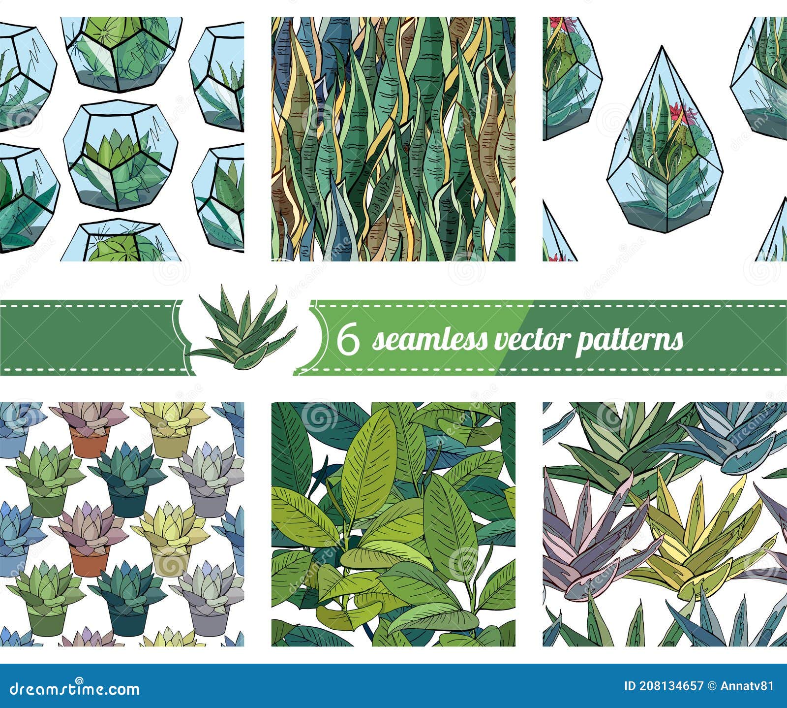 Six Different Seamless Patterns with Homeplant Plants Stock Vector ...