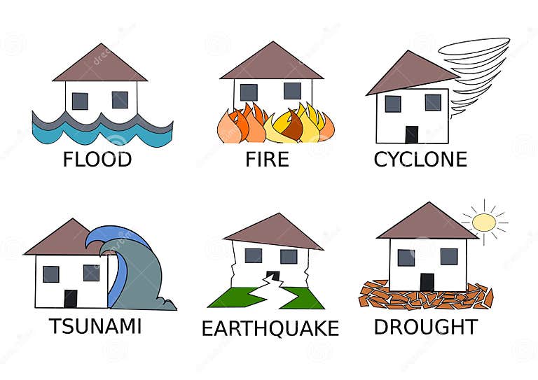 Six Different Simplistic Vector Drawings of Natural Disasters Stock ...