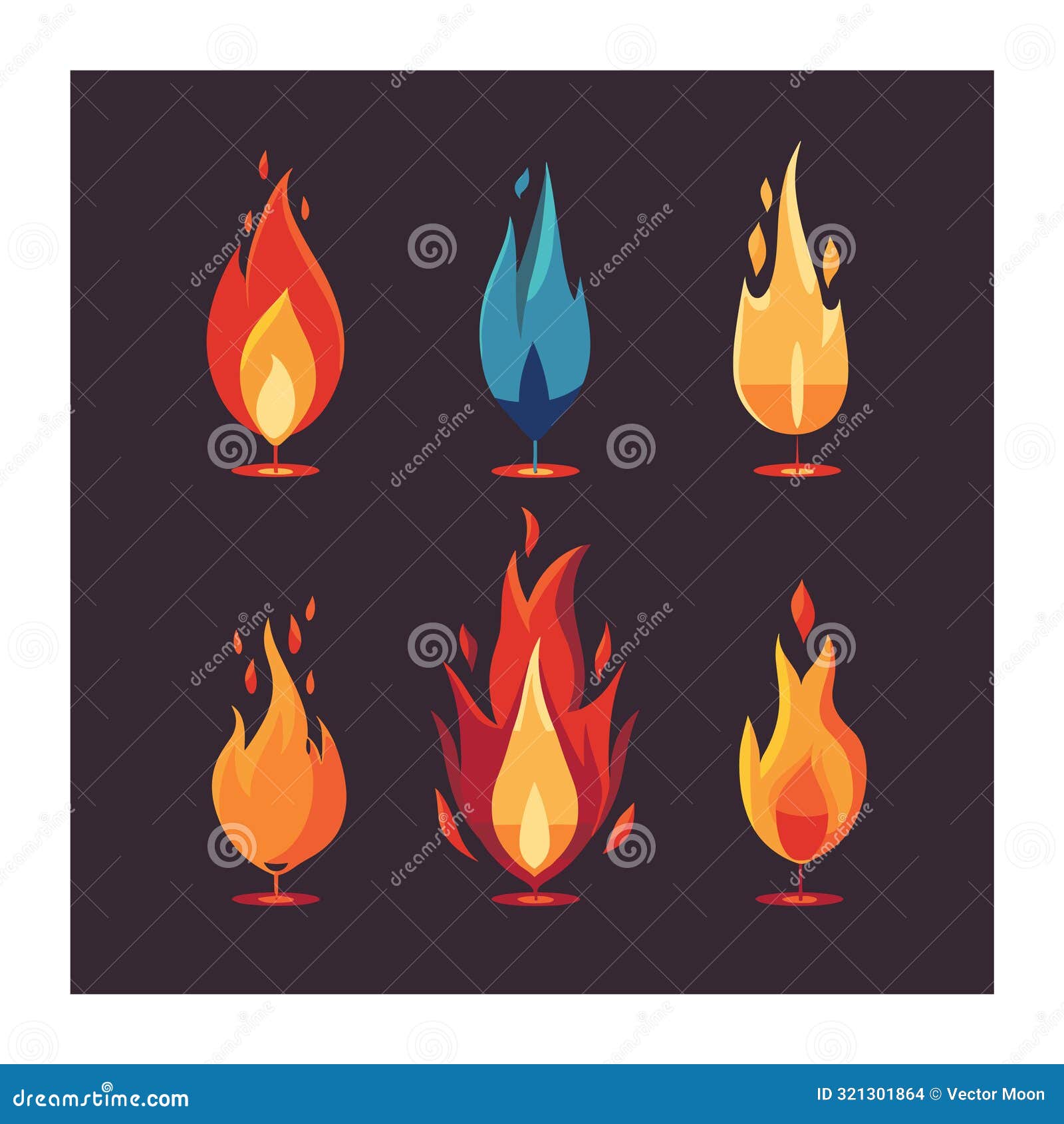 Six Different Stylized Fire Flames, Colorful, Vibrant, Graphical ...