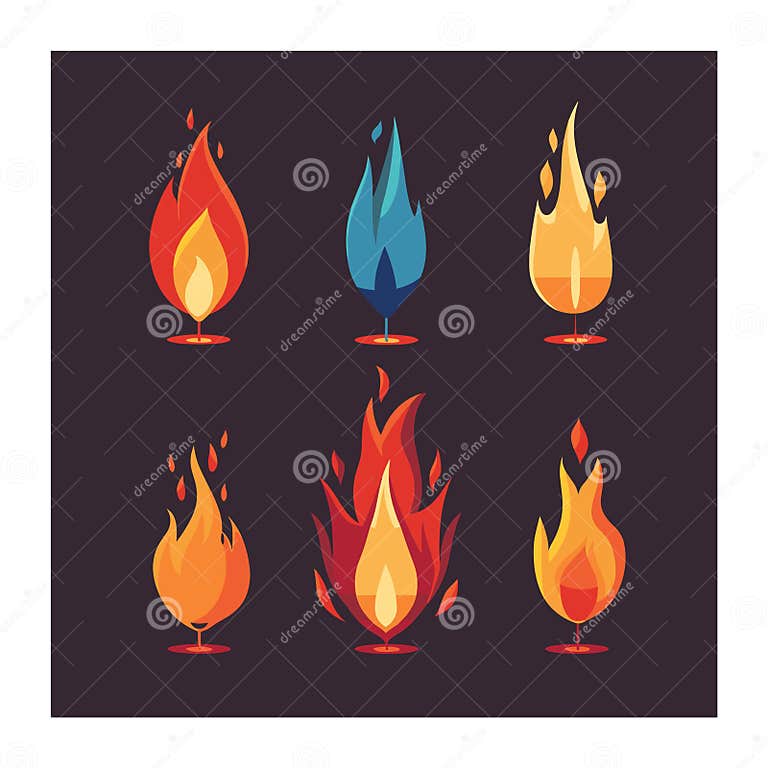Six Different Stylized Fire Flames, Colorful, Vibrant, Graphical ...