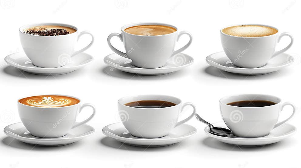 Six Different Types of Coffee in White Cups and Saucers Stock ...