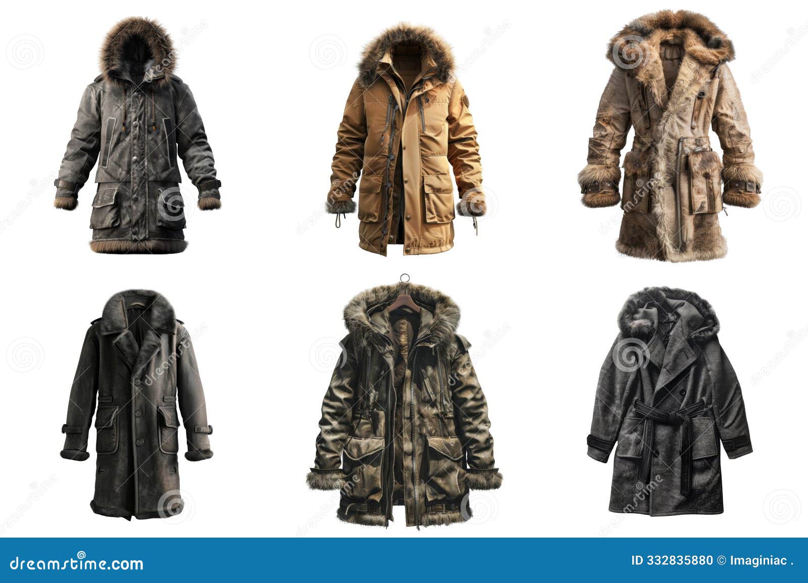 Six Different Winter Coats with Fur Hoods and Trim Stock Illustration ...