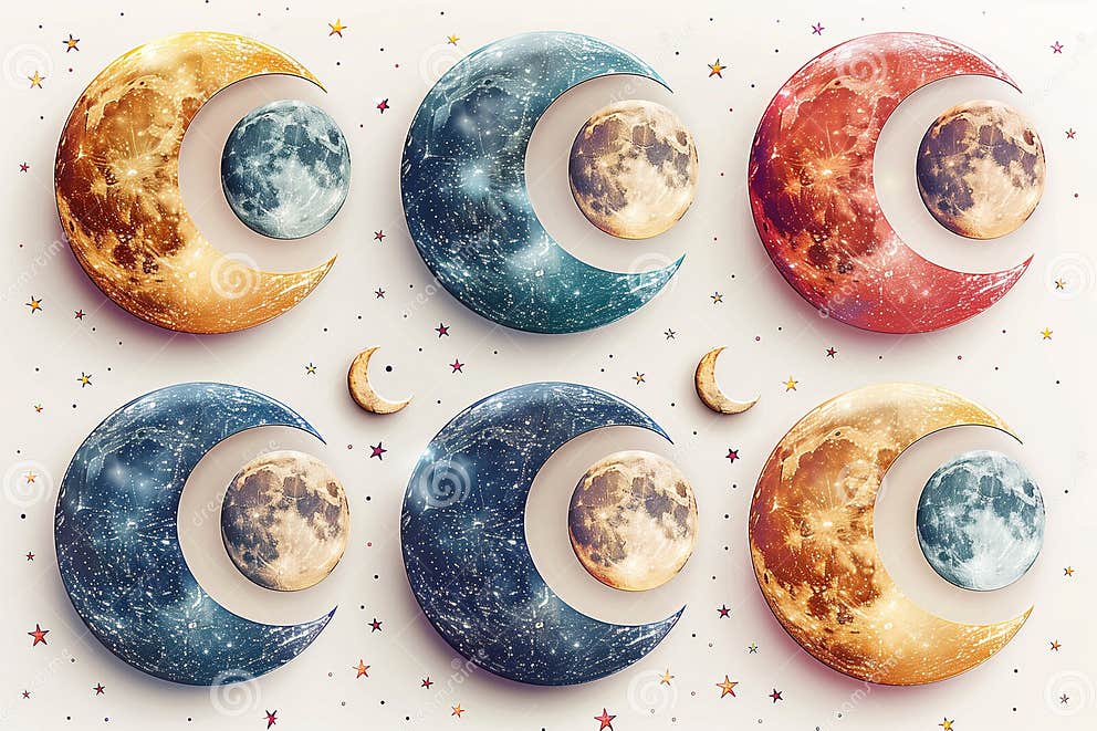 Six Differently Colored Moon Magnets Arranged on a White Surface Stock ...