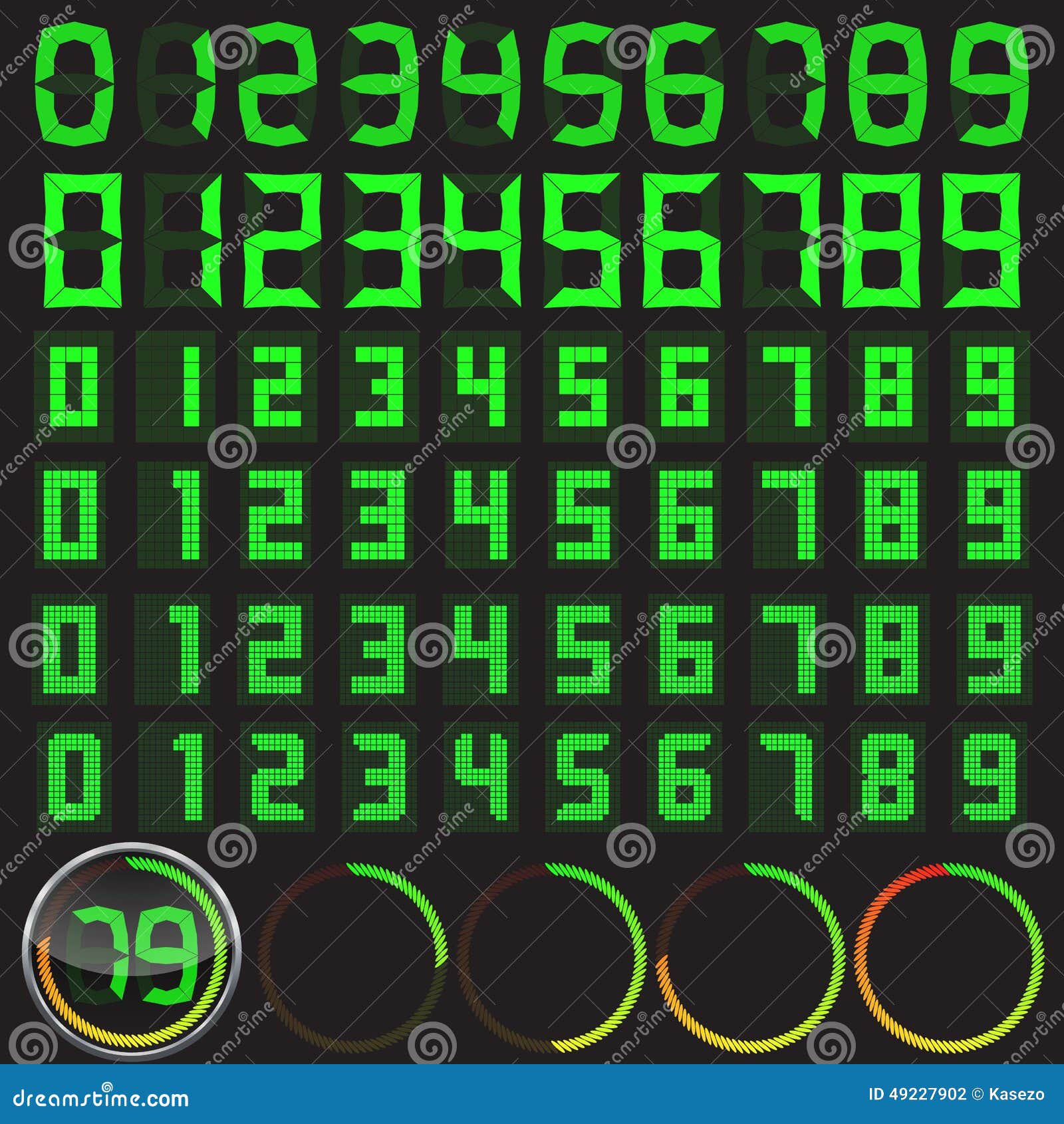 Six Digital Numbers Set in Different Styles and Basic Clock Body Stock ...