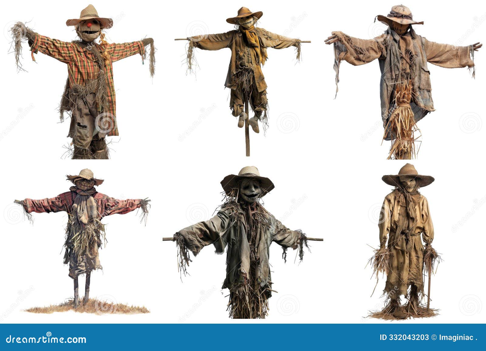 Six Diverse Scarecrow Figures Isolated on White Background Stock ...