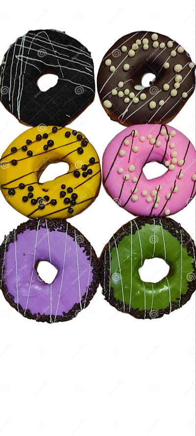 Six Donuts with a Variety of Different Toppings Stock Photo - Image of ...