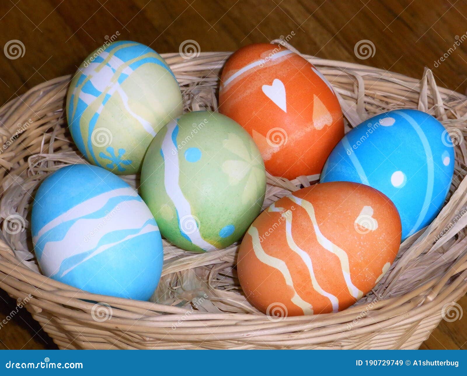 Six Easter Eggs in a Basket, Decorated with Hearts Stock Image - Image ...