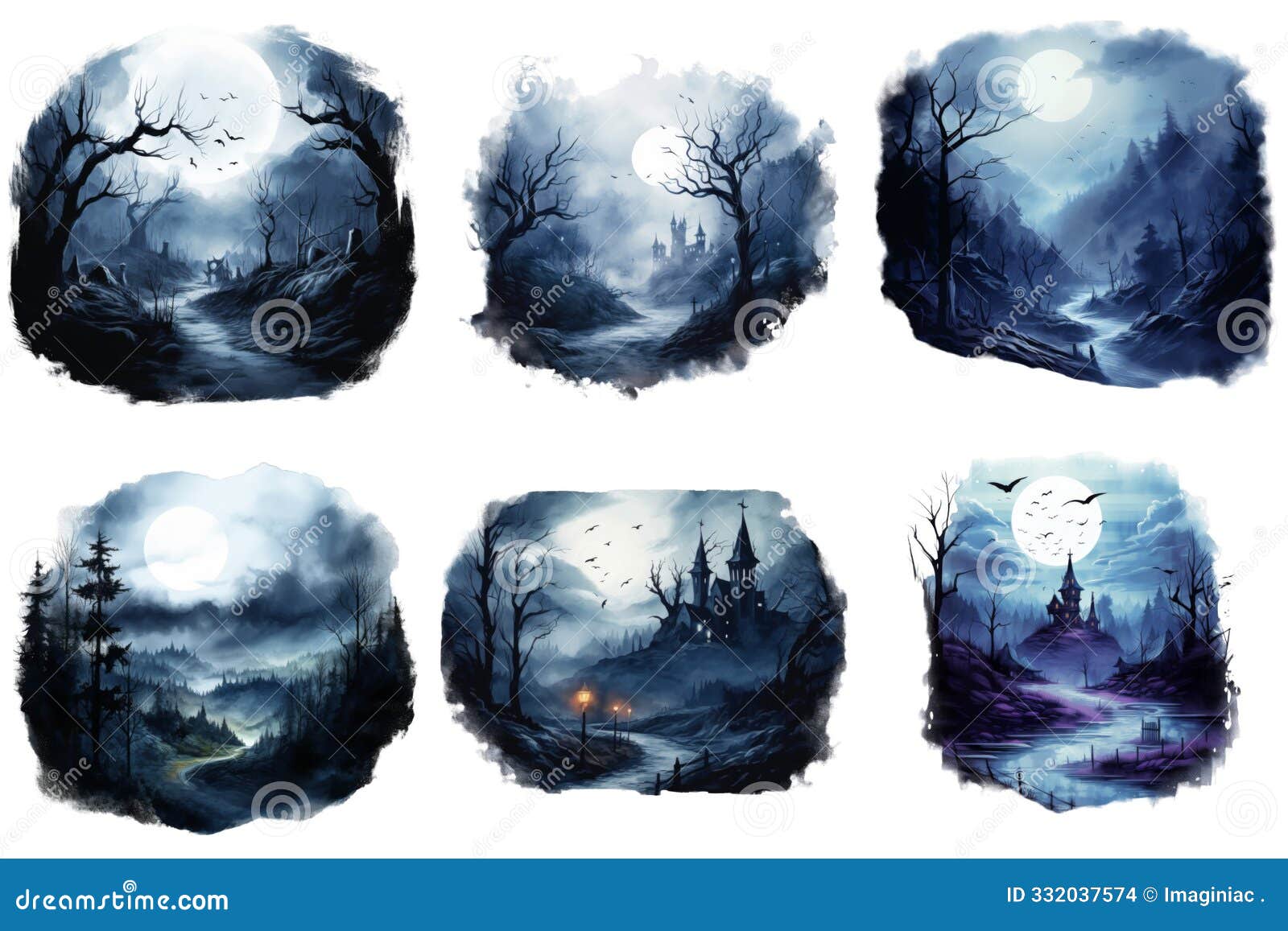 Six Eerie Landscapes with Moonlight and Foreboding Castles Stock ...