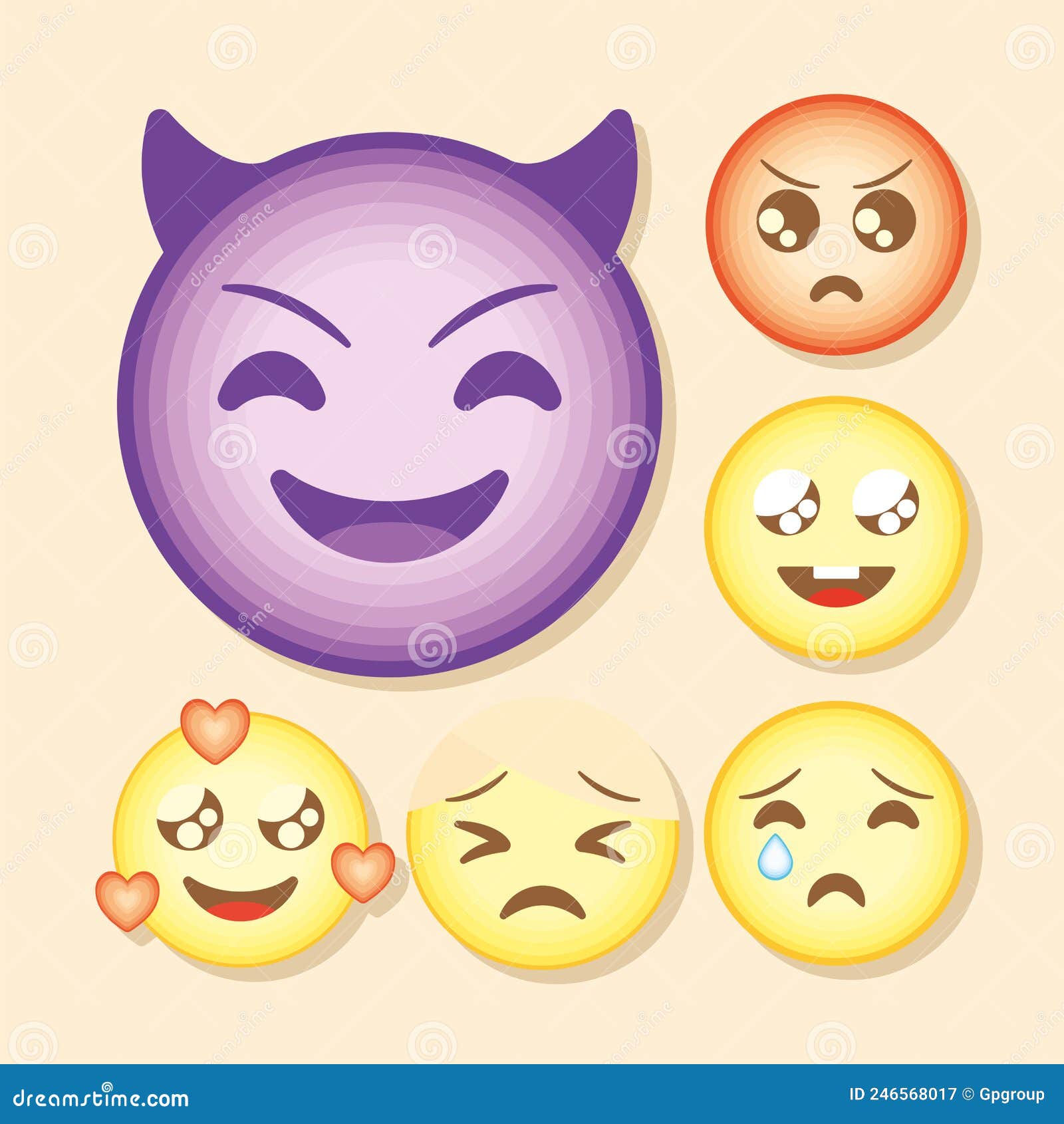 Six emoji expressions stock vector. Illustration of purple - 246568017