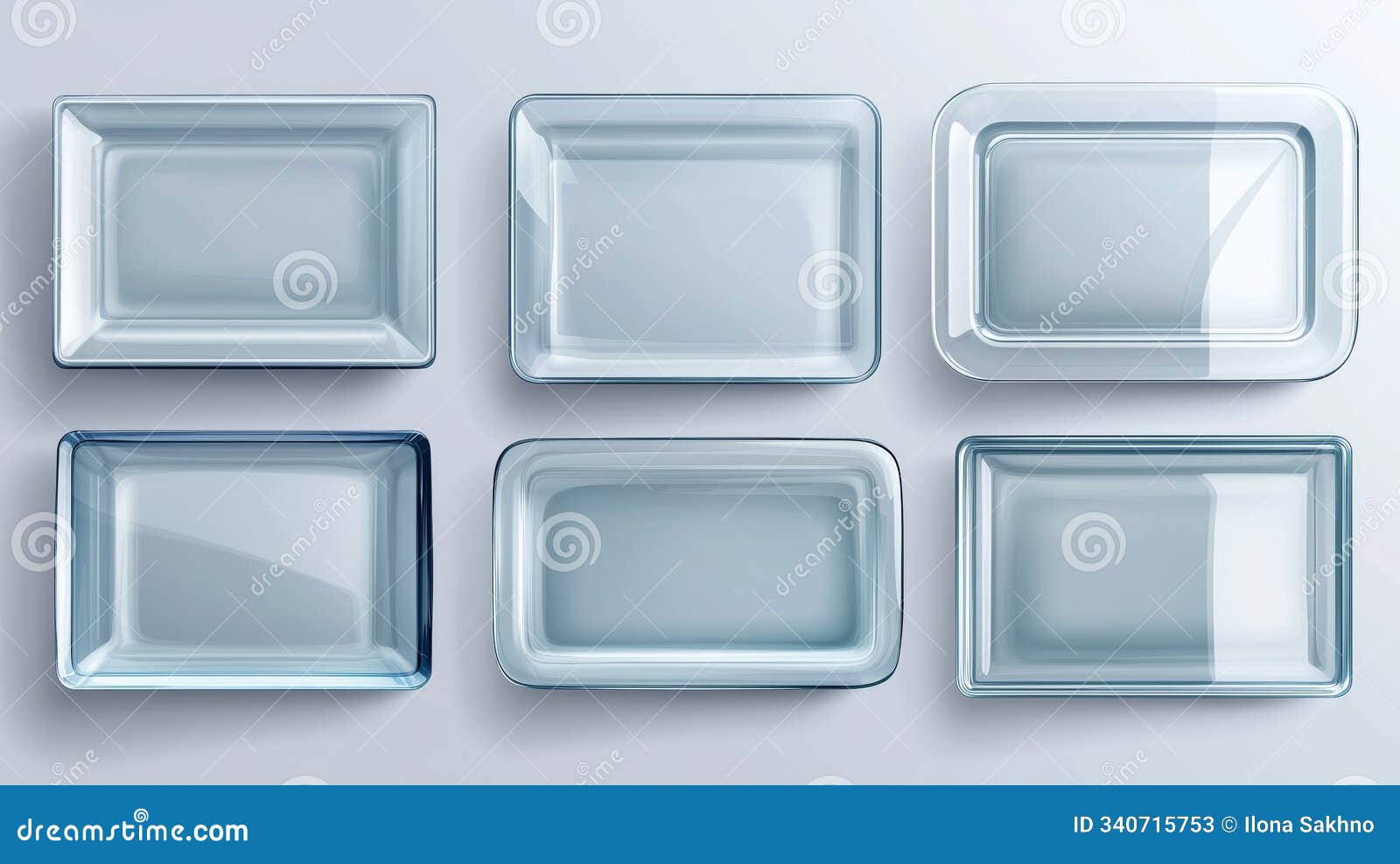 Six Empty Glass Rectangular Plates on a White Background with ...