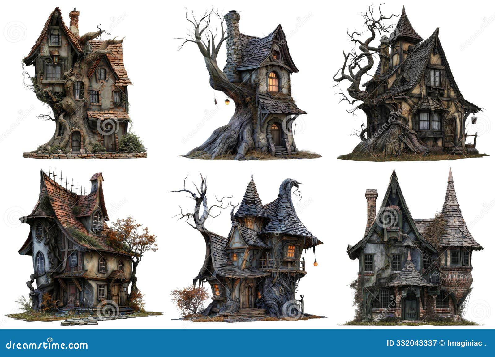 Six Fantasy Houses Built into Trees and Stone Stock Illustration ...