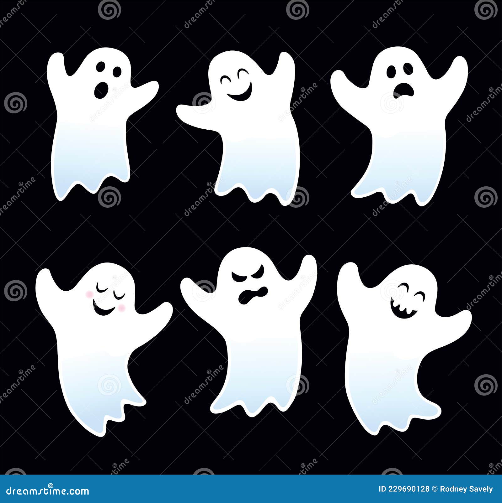 Six Flying Halloween Ghosts on Black Stock Vector - Illustration of ...