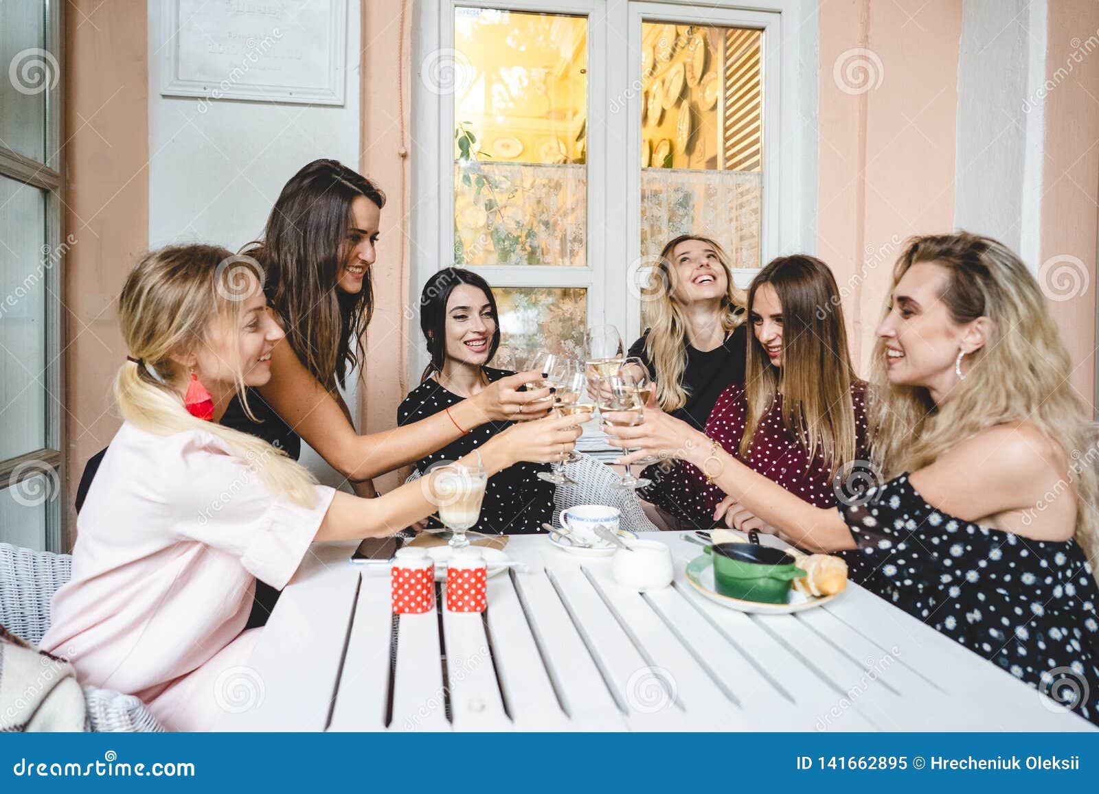Six girls at the table stock image. Image of group, leisure - 141662895