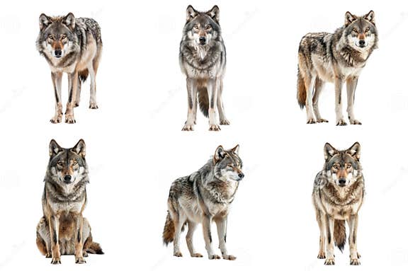 Six Gray Wolves Standing and Sitting on a White Background Stock ...