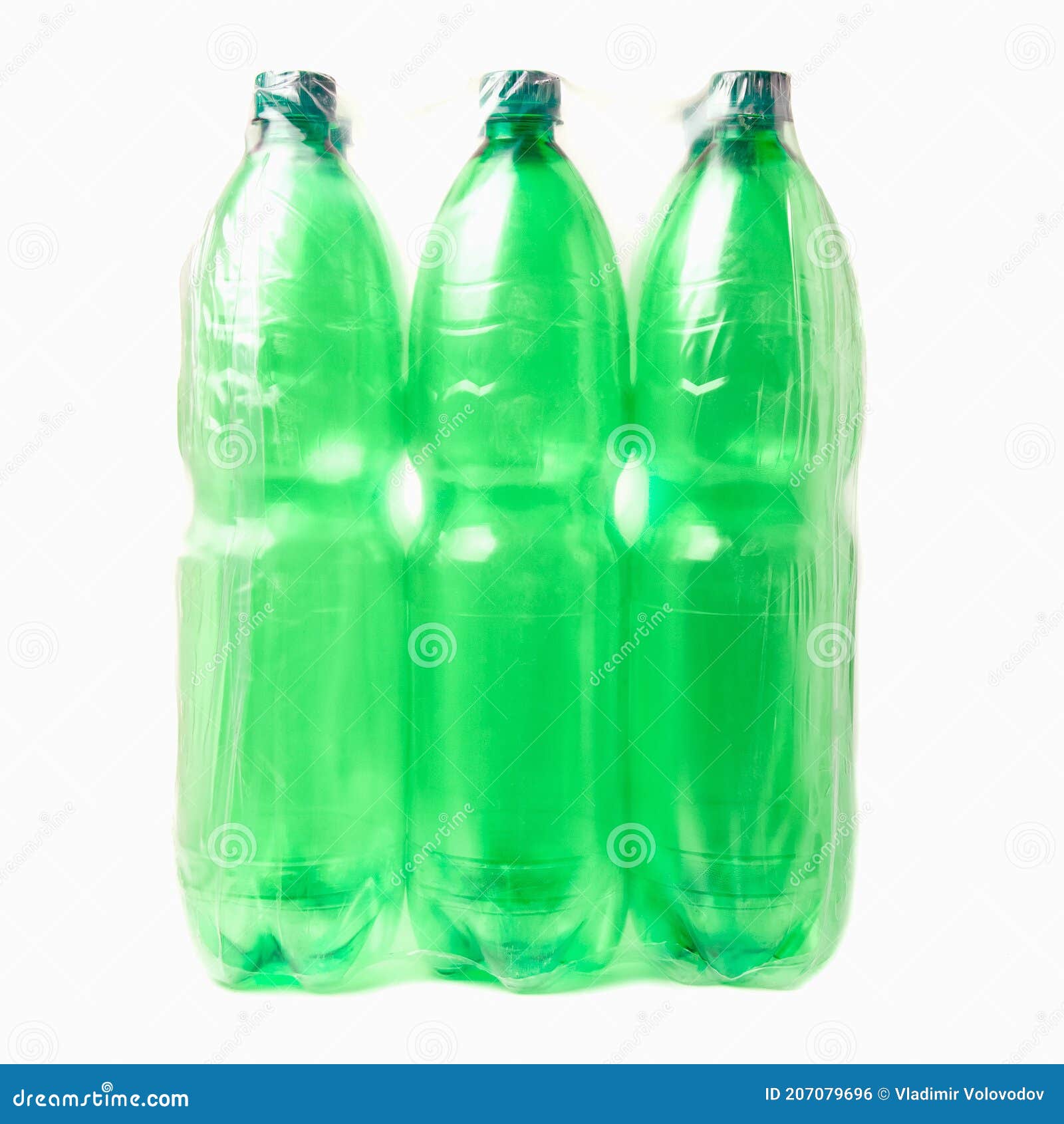 Six Green Plastic Bottles in Plastic Pack Isolated on a White ...