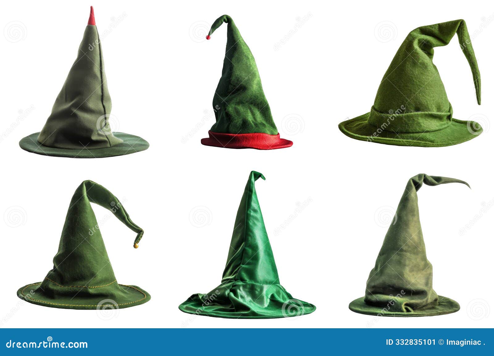 Six Green Witch Hats with Different Styles and Details Stock ...