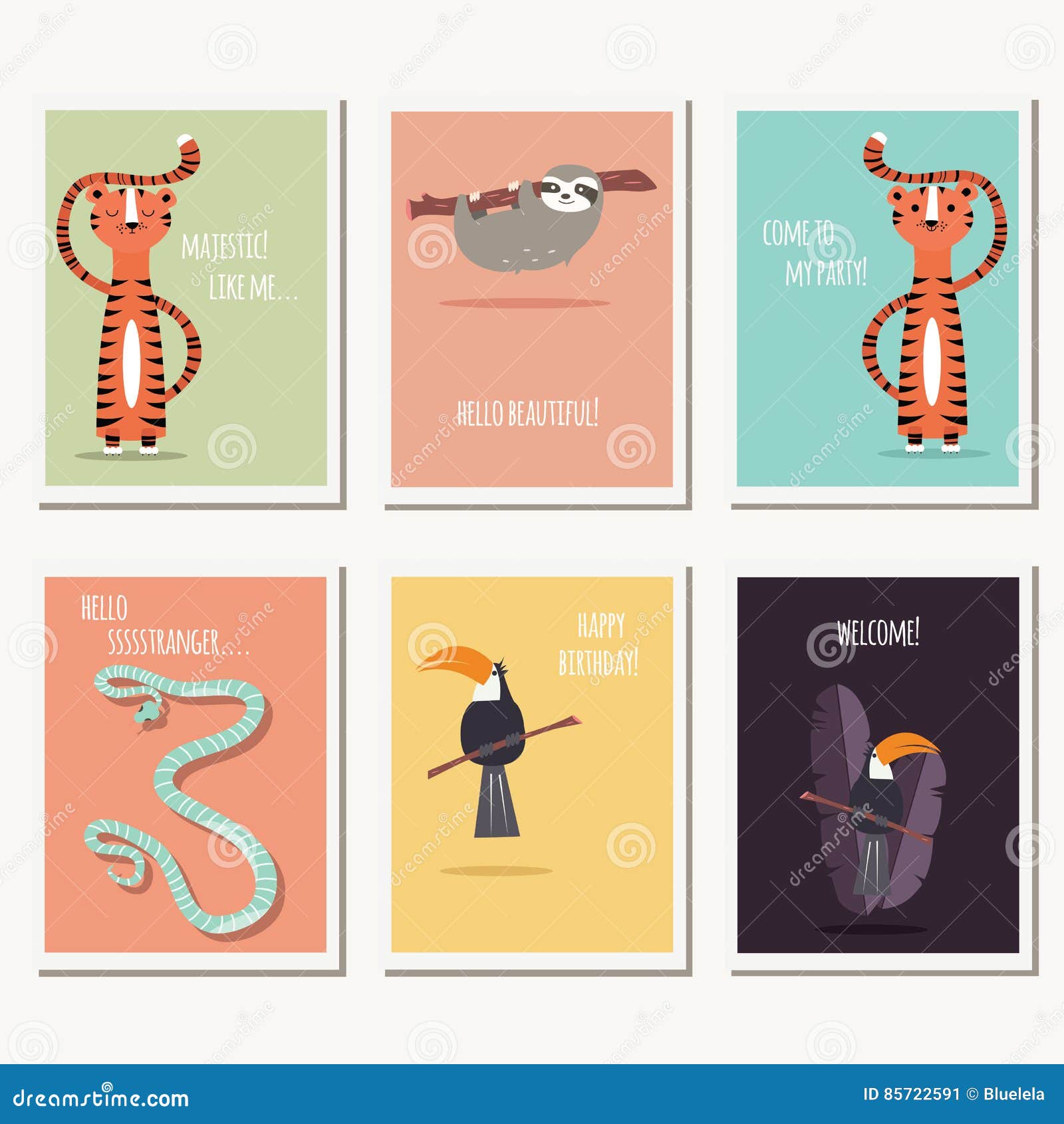 Six Greeting Cards with Cute Wild Animals and Text Message Stock Vector ...