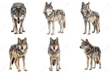 Six Grey Wolves in Various Poses Against a White Background Stock ...