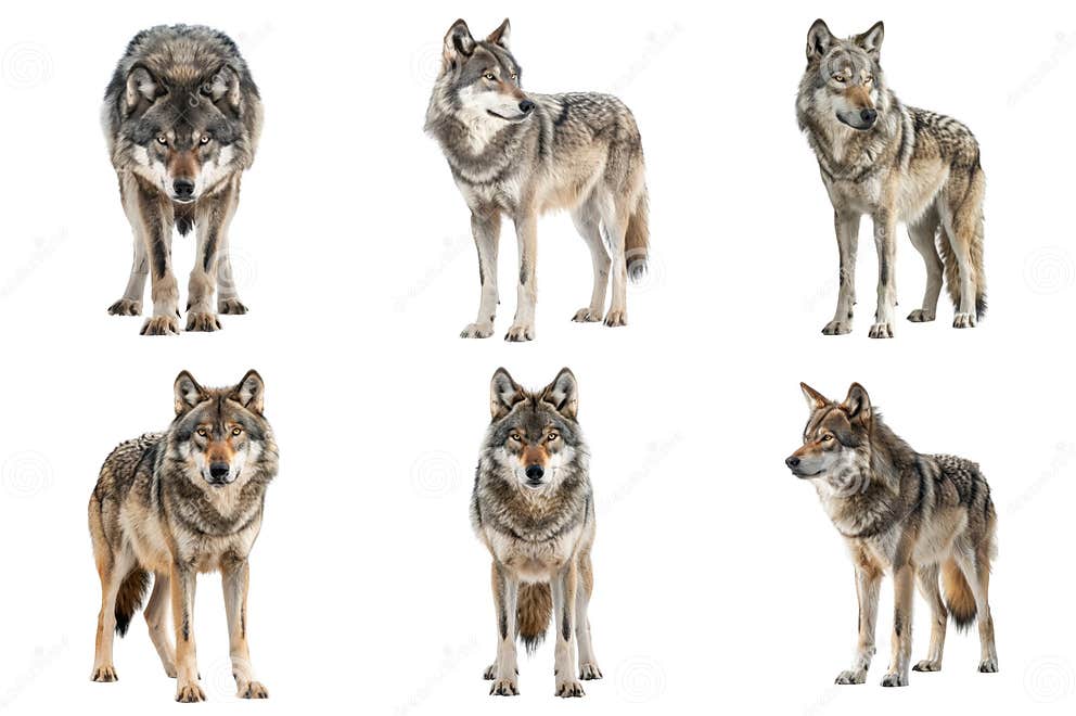 Six Grey Wolves in Various Poses Against a White Background Stock Illustration - Illustration of ...