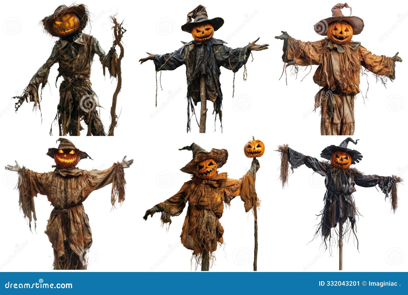 Six Halloween Scarecrow Figures with Jack-O-Lantern Heads Stock ...