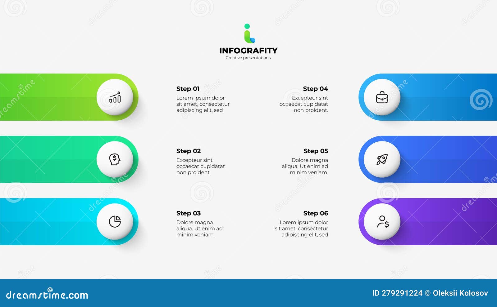 Six Horizontal Stripes with Circles. Creative Infographic Design Template with 6 Options, Parts ...