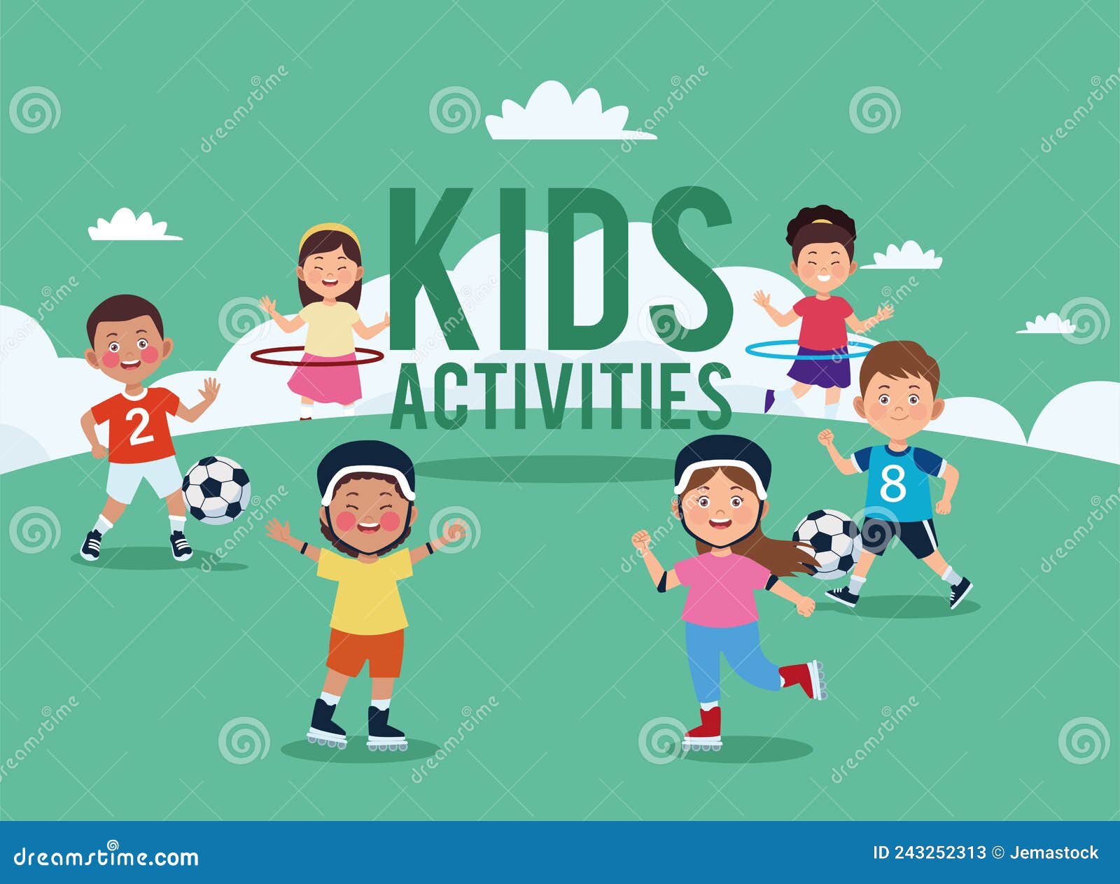 Six Kids Practicing Activities Stock Vector - Illustration of skates ...