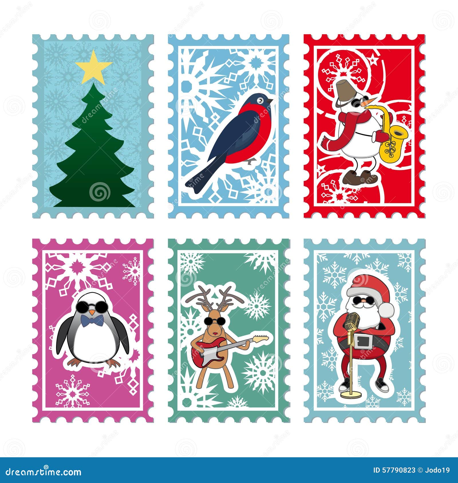 Six Multi-colored Stamps for Christmas Card Stock Vector - Illustration ...