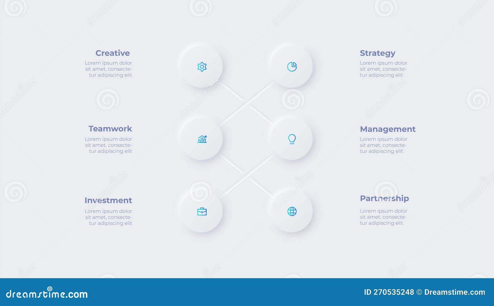 Six Neumorphic Circles. Concept of 6 Options of Business Development ...