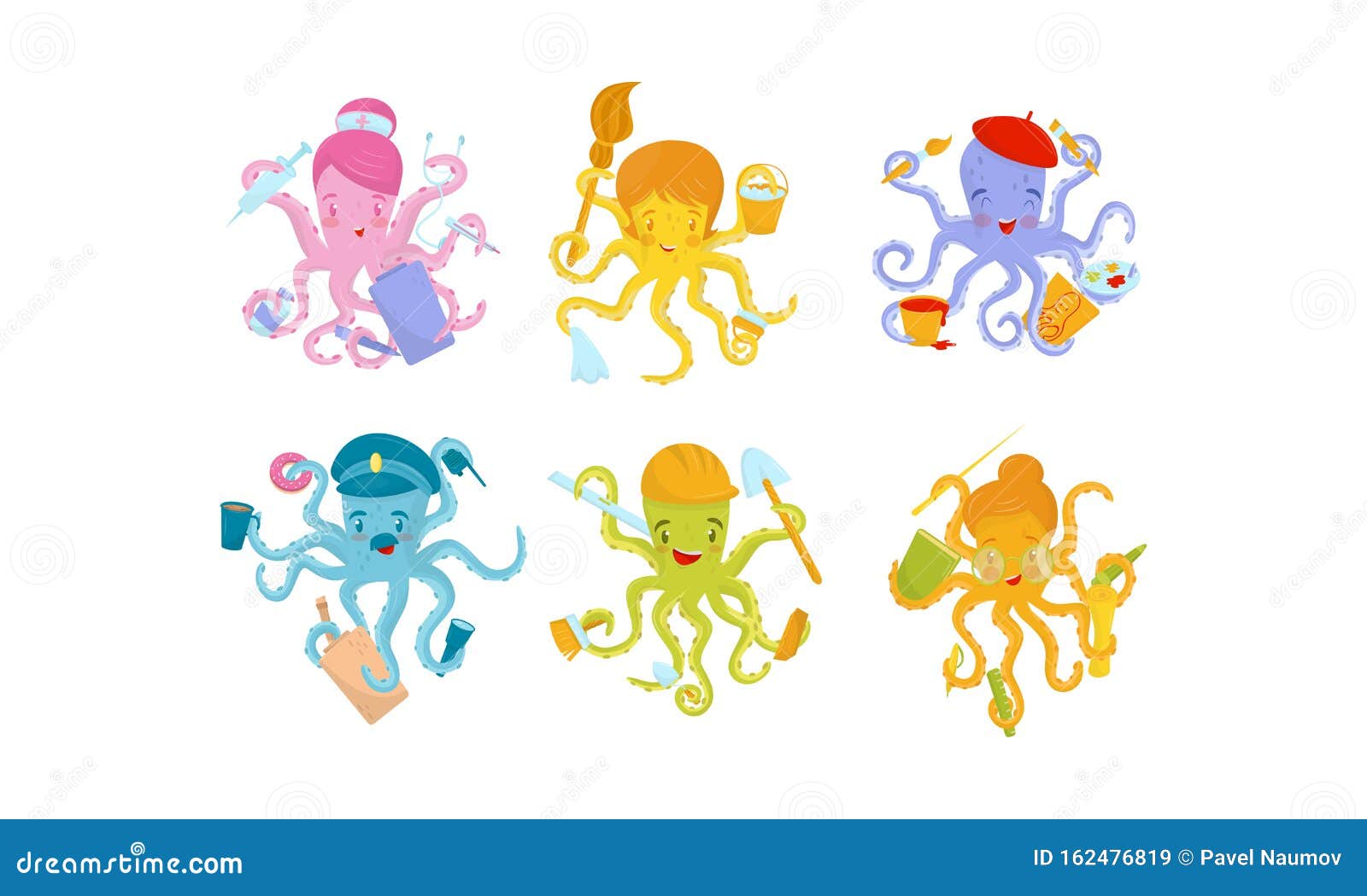 Six Octopuses Engaging in Different Occupations Holding Different ...