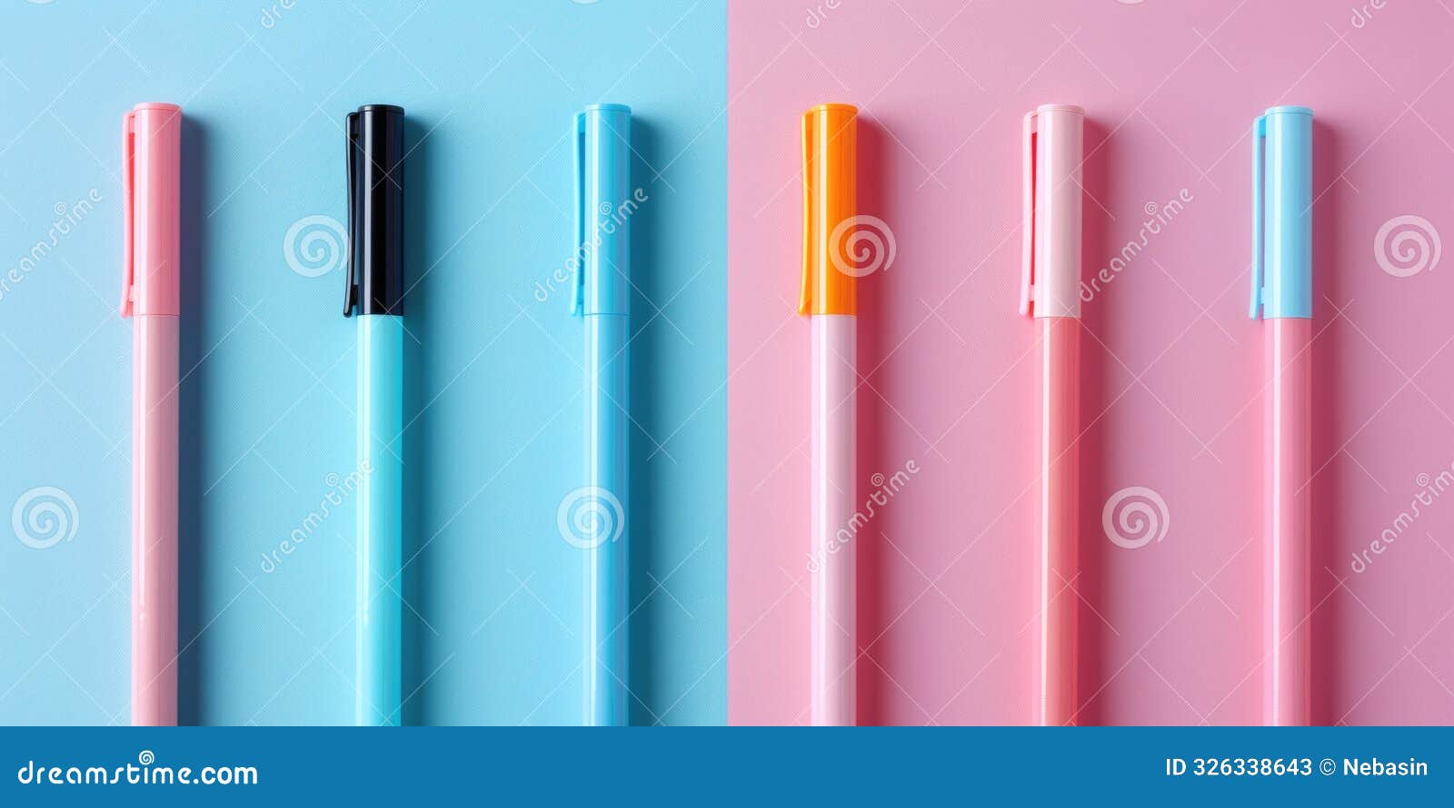Six Pens of Various Colors are Arranged on a Background Split Evenly ...