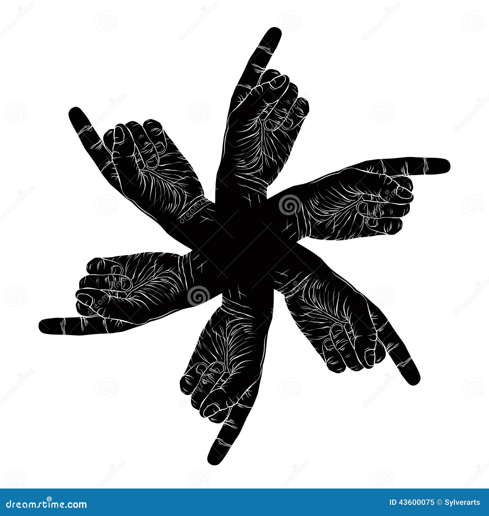Six Pointing Hands Abstract Symbol, Black and White Vector Special ...