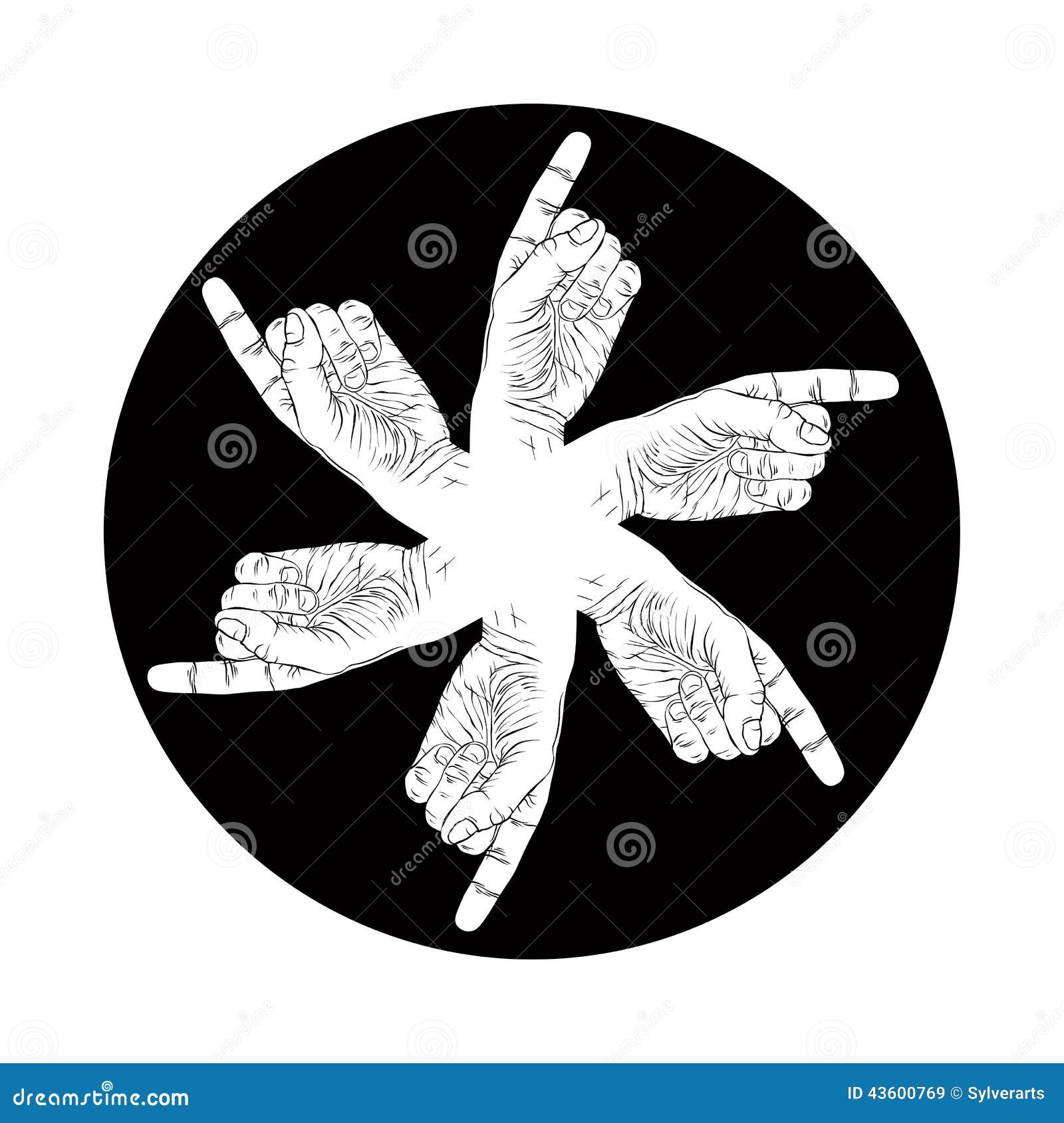 Six Pointing Hands Abstract Symbol, Black and White Vector Special ...