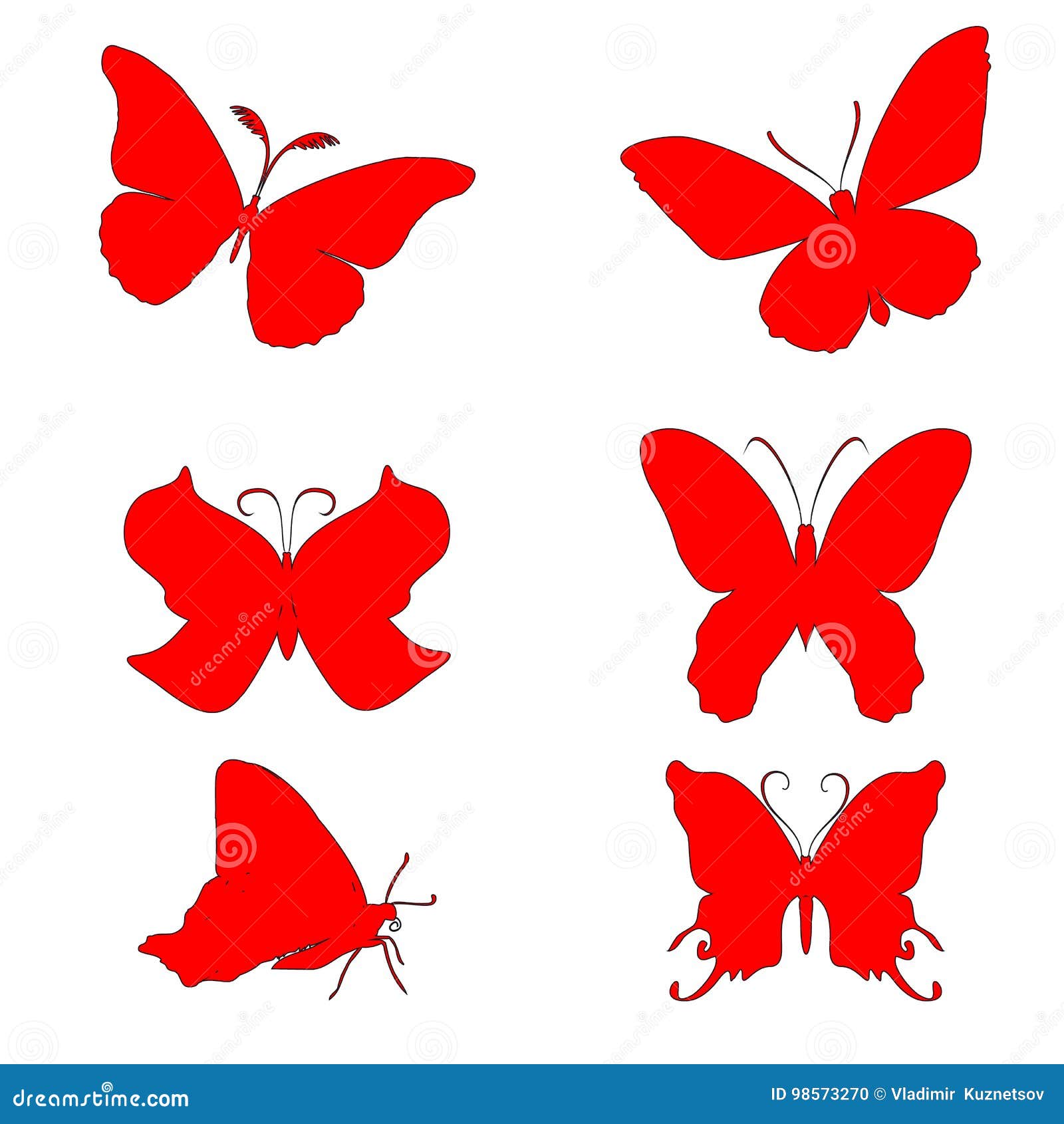 Six Red Silhouettes of Butterflies on a White Background. Stock Vector ...