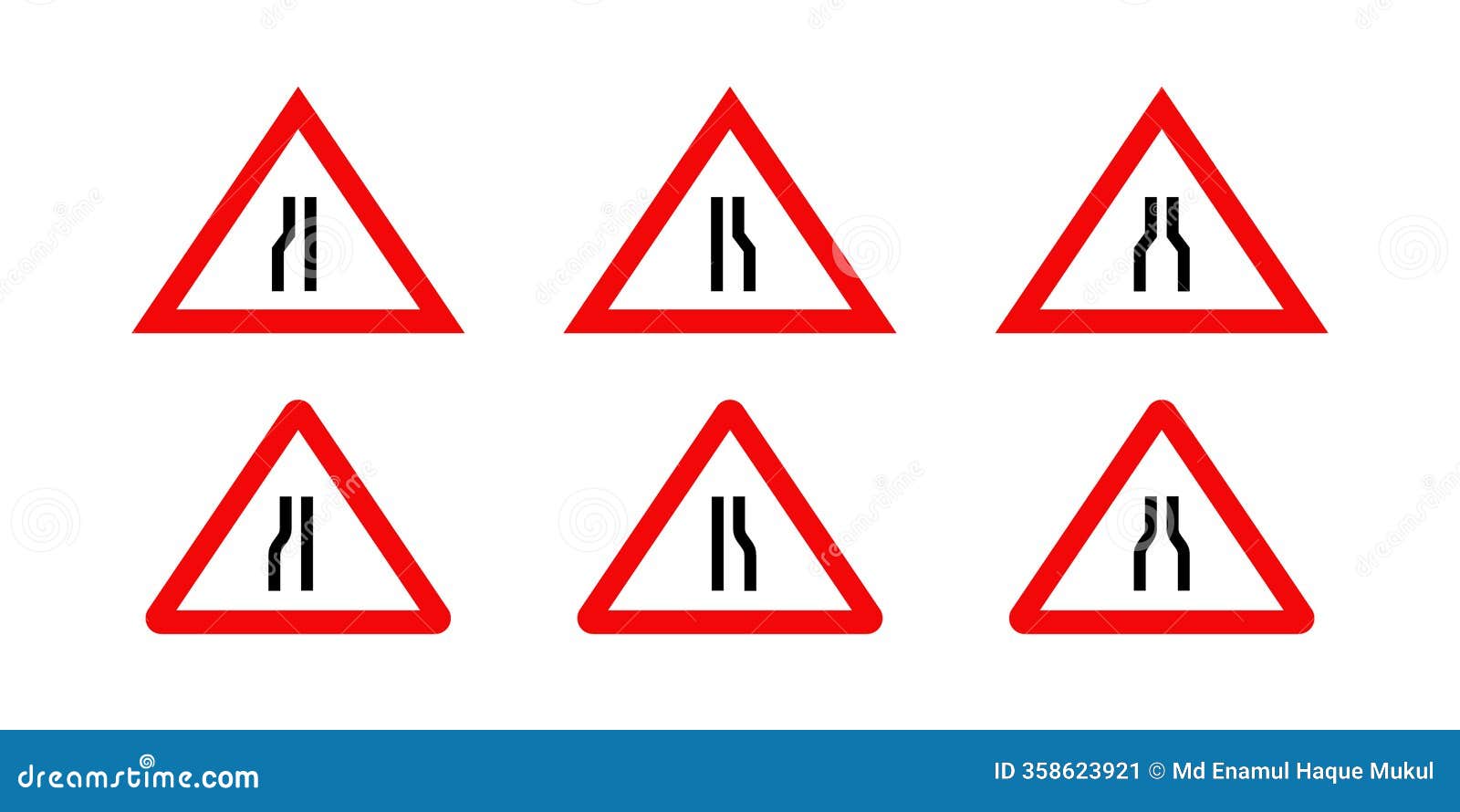 Red Triangular Road Signs, Signifying a Narrowing of Lanes Ahead. Stock ...