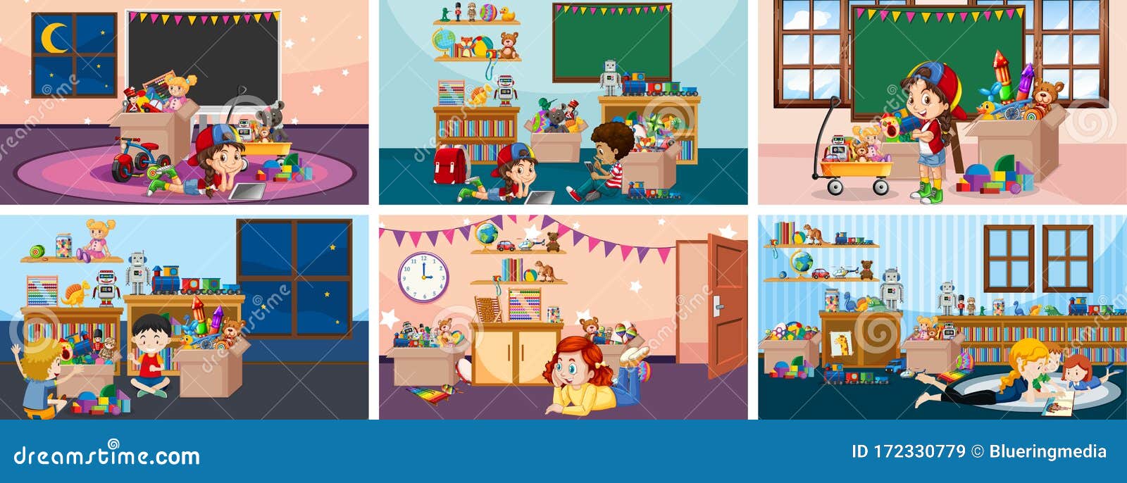 Six Scenes with Children Doing Activities in Different Rooms Stock ...
