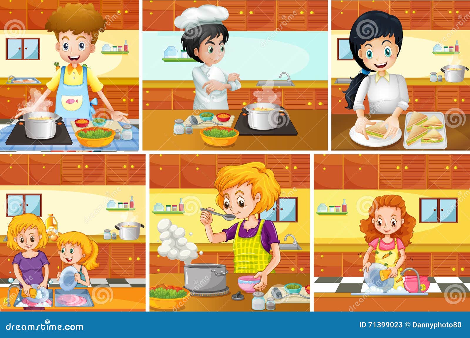 People Cooking At Home. Men And Women Preparing Food In Kitchen ...