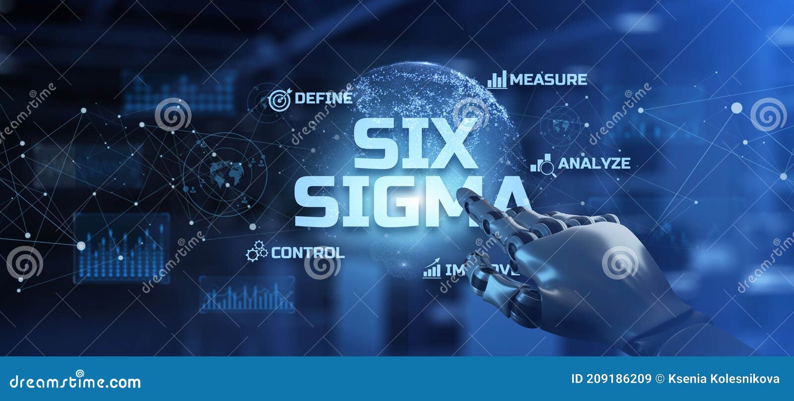 Six Sigma DMAIC Lean Manufacturing Concept. Robot Hand Pressing Button ...