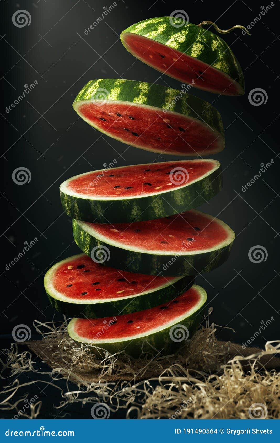 Six Slices of Watermelon Flying Under Dark Rustic Table. Floating ...