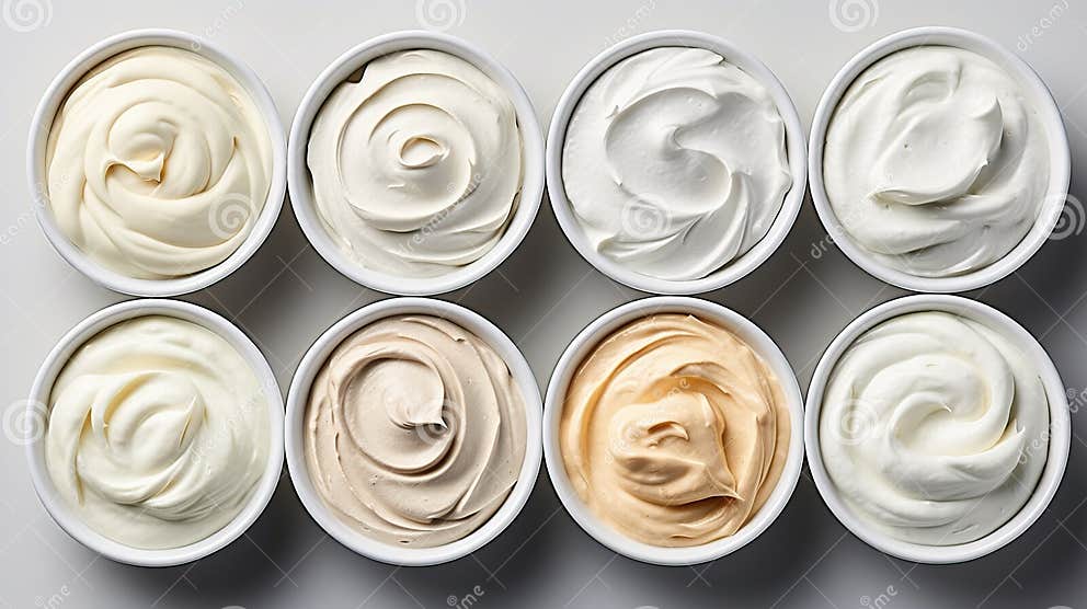 Six Small White Bowls with Different Types of Whipped Cream, Arranged ...