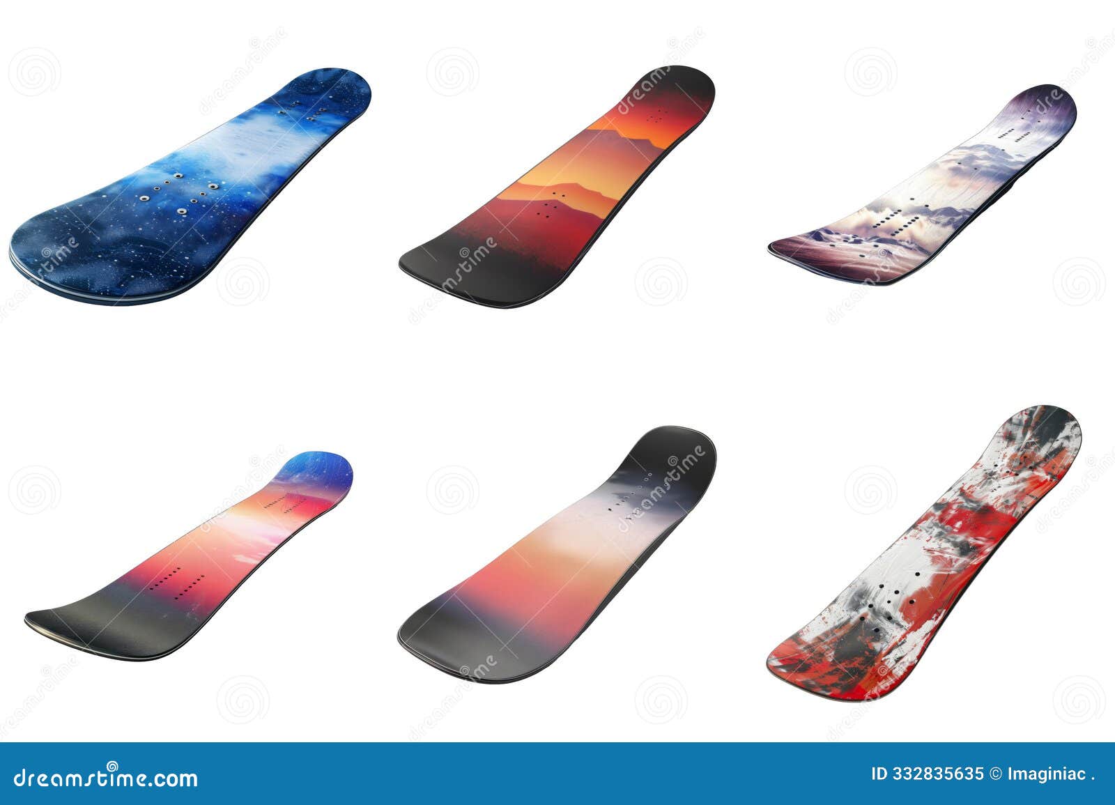 Six Snowboards with Different Designs Displayed on a Transparent ...